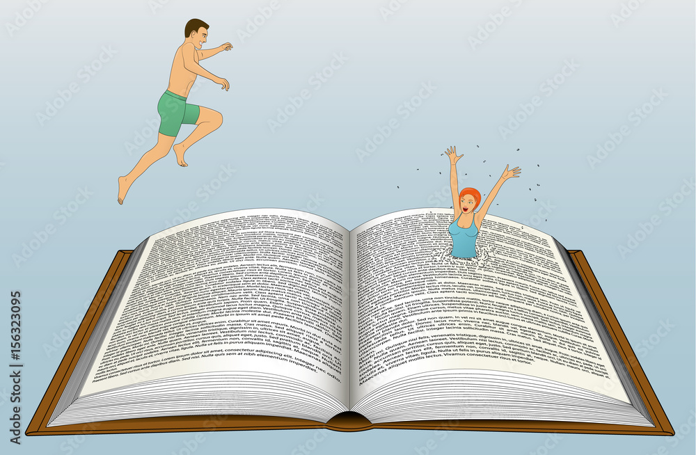 Guy and girl dive into an open book Stock Vector | Adobe Stock
