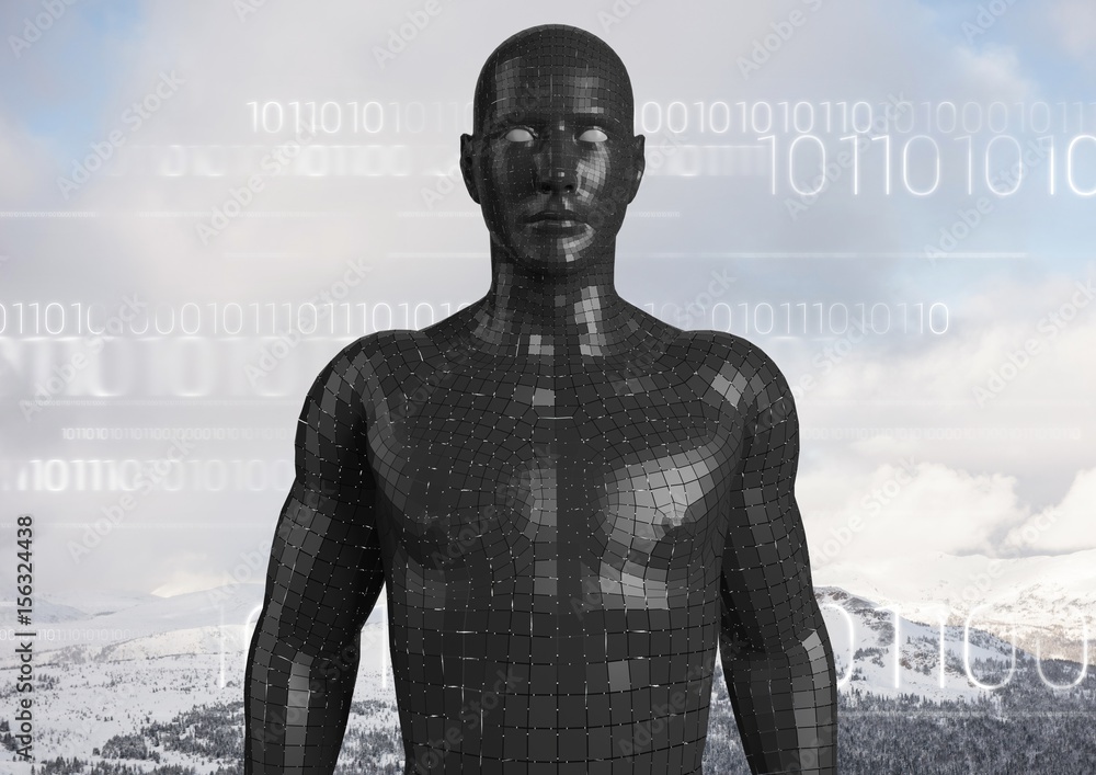 White binary code against black male AI and snowy mountain tops Stock ...