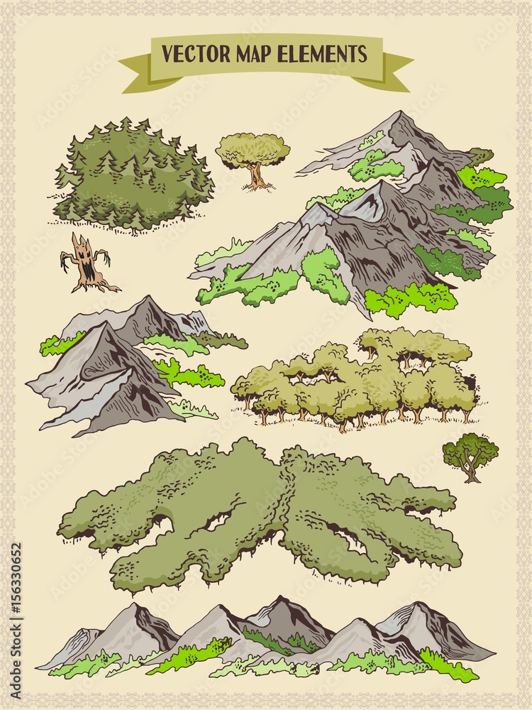 Vector map elements, colorful, hand draw - forest, tree, wood Stock ...