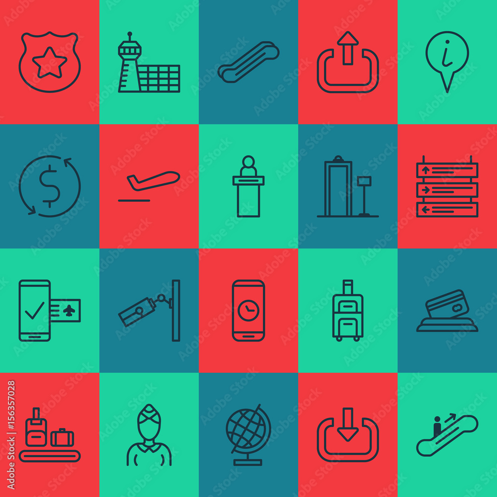Traveling Icons Set. Collection Of Luggage, Exit, Airliner Takeoff And ...