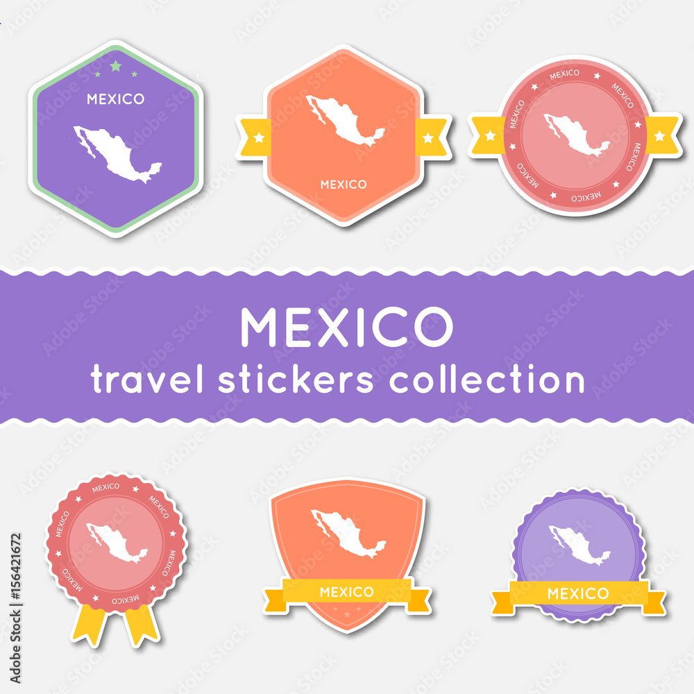 Mexico travel stickers collection. Big set of stickers with country map ...