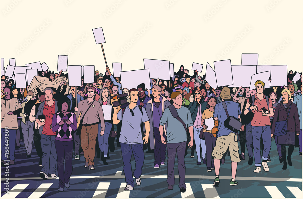 Illustration of peaceful crowd protest with blank signs in high detail ...