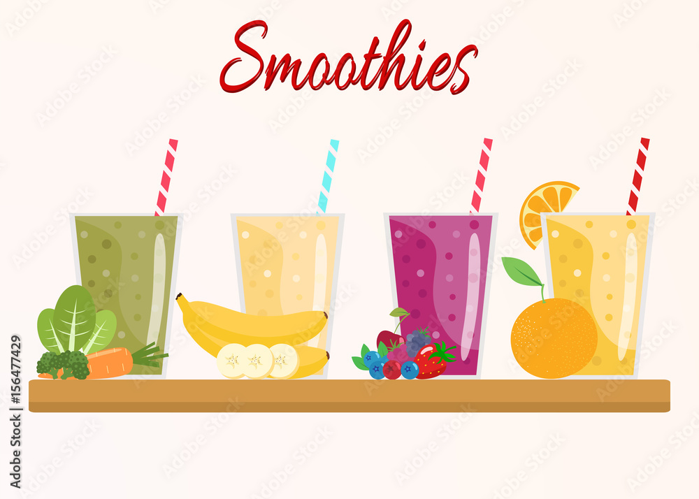 Cartoon smoothies. Orange, berry, banana, green smoothie. Organic fruit ...