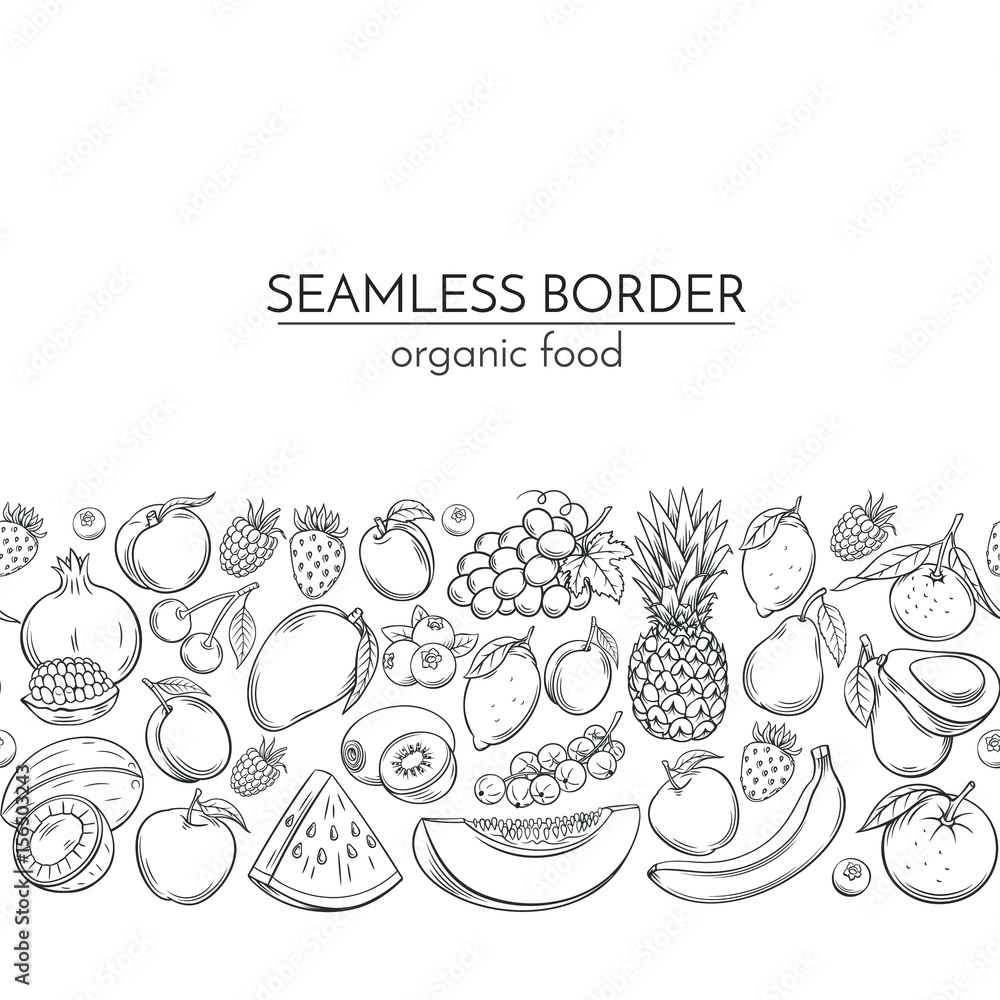 Seamless borders with hand drawn fruits Stock Vector | Adobe Stock