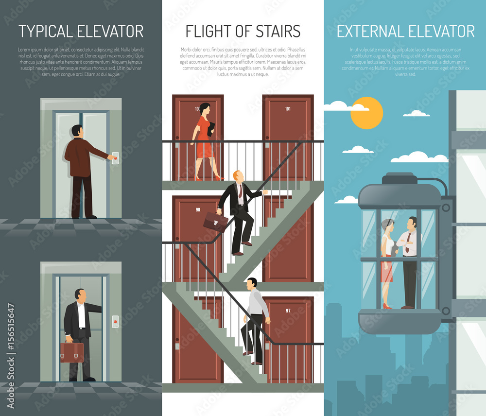 Elevator Escalator Stairs Vertical Banner Set Stock Vector | Adobe Stock