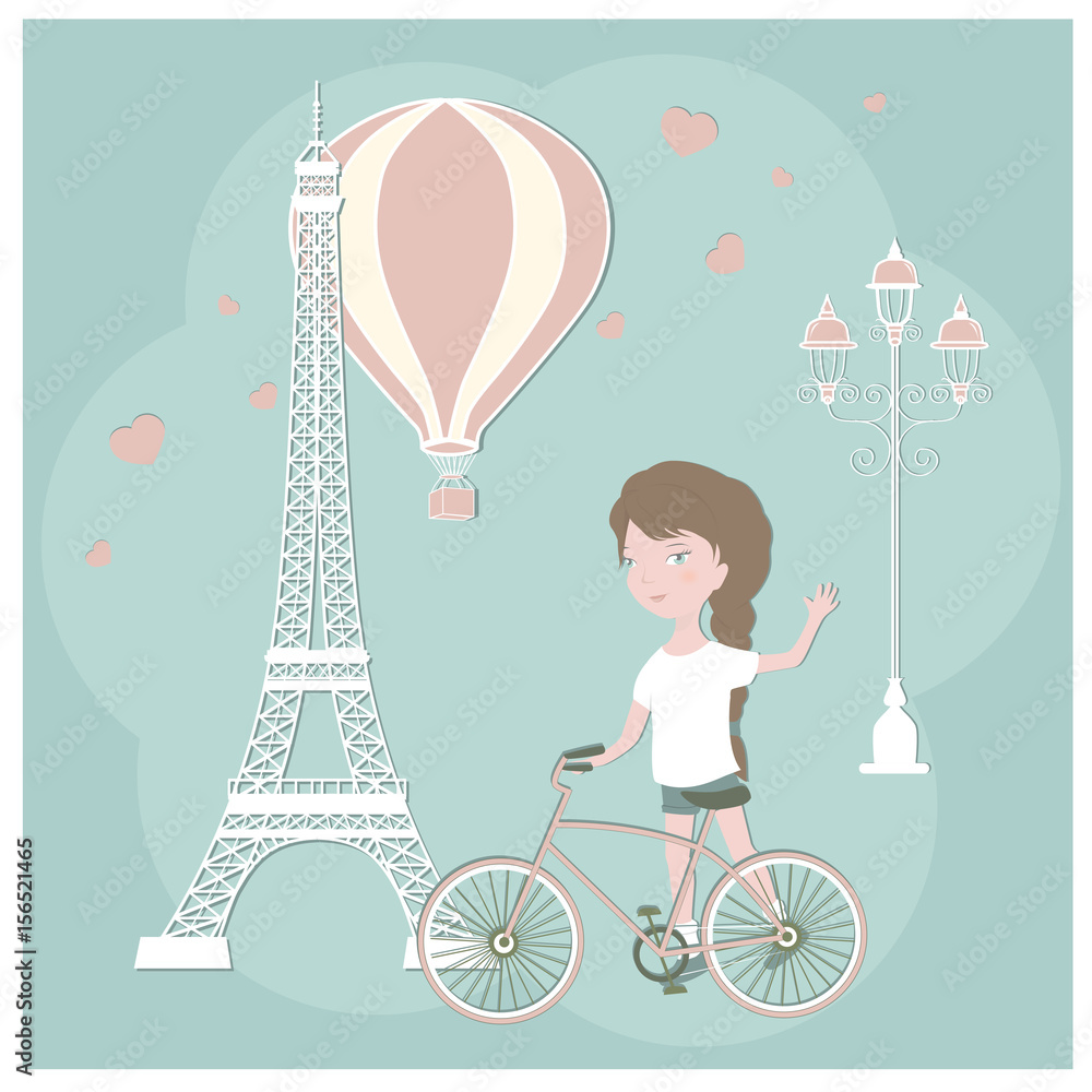 Girl with bicycle in Paris. Pretty girl near Eiffel tower vector ...