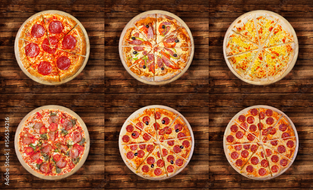 Six different pizza set for menu. Italian food traditional cuisine ...