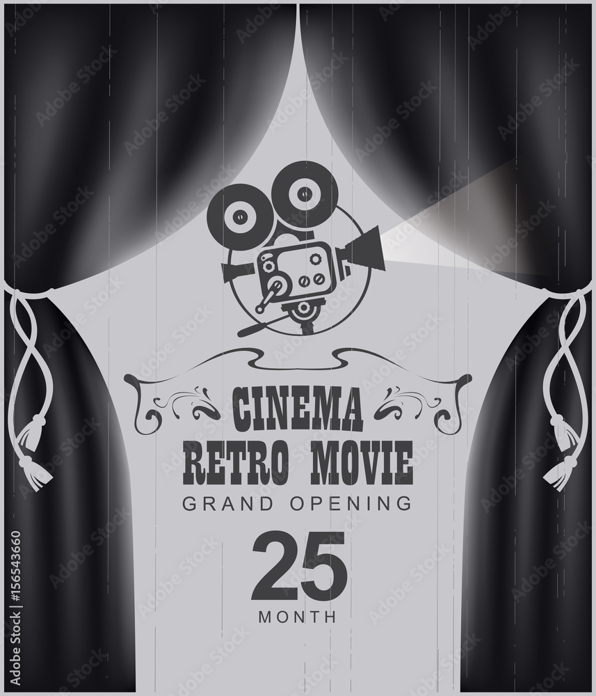 Vector cinema festival poster with black Curtains and projector lights ...