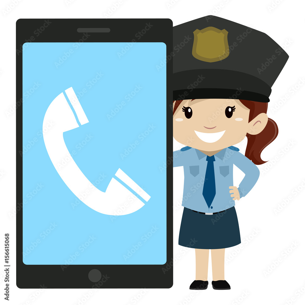 Vector Illustration of Little Girl Police beside a Big Screen Mobile ...