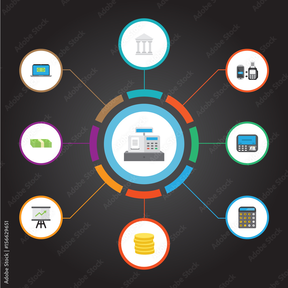 Flat Cash Stack, Growing Chart, Till And Other Vector Elements. Set Of ...