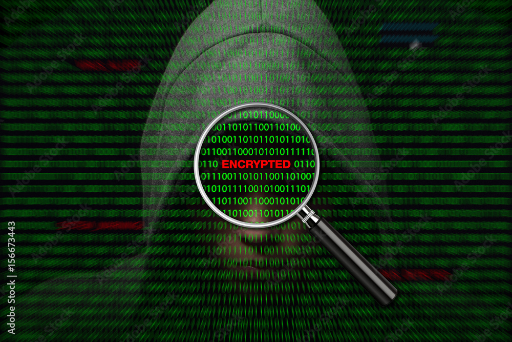 Fotka „Hacker over a screen with binary code and encrypted warning ...