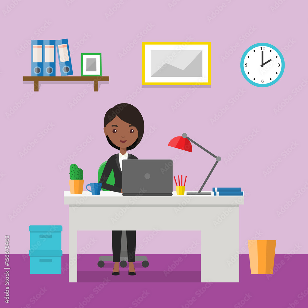 Woman Working At Desk Cartoon