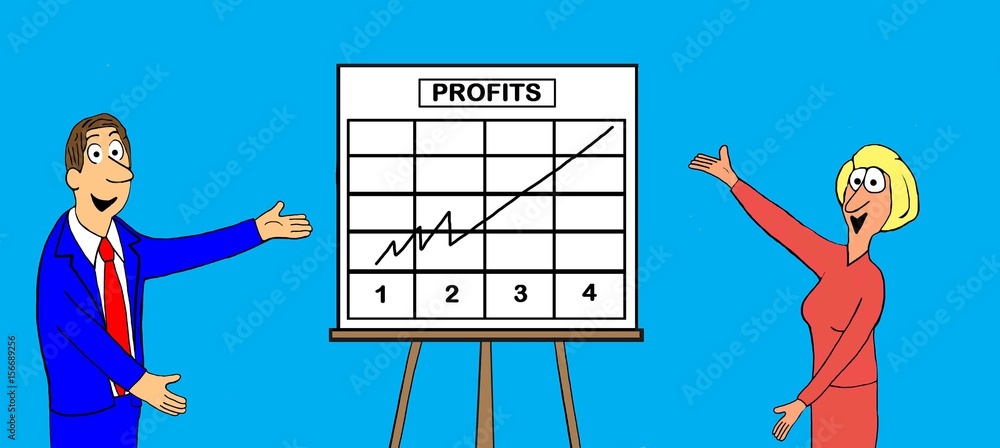 Business cartoon illustration showing two happy executives showing a ...