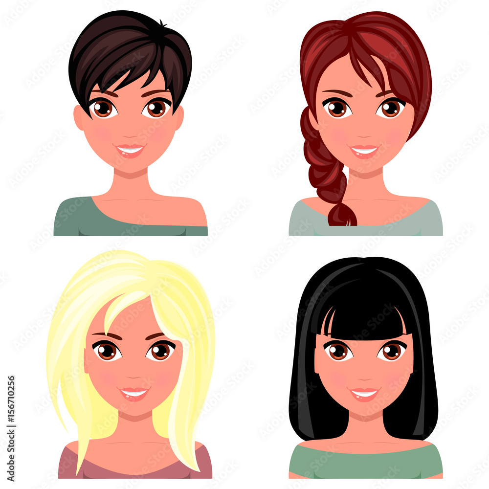 Vecteur Stock Woman Beautiful Face With Different Hairstyles Cartoon