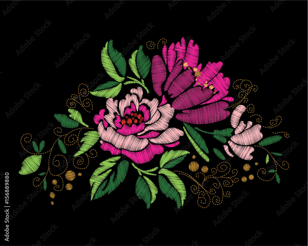 Colorful embroidery on a black background. A beautiful bouquet of roses ...