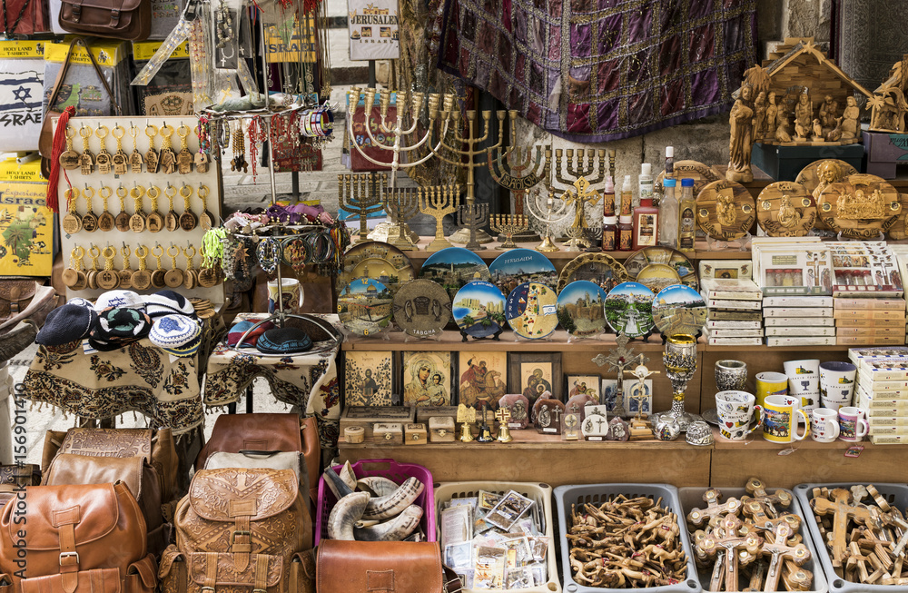 Souvenirs symbols of Israel for sale at market in Old City of Jerusalem ...