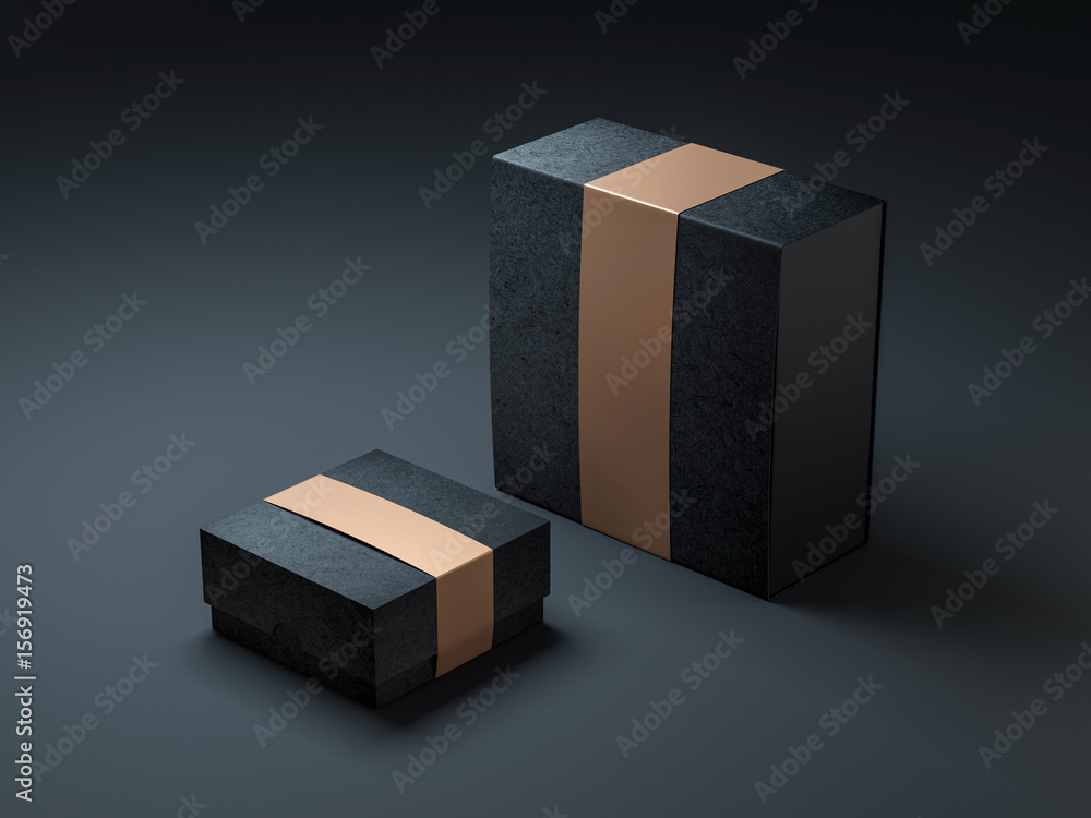 Two square black textured boxes with golden label for branding in dark ...