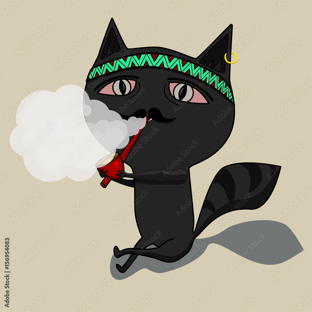 The cat clears a pipe, shaman. Cute black cartoon cat. Big mustache ...