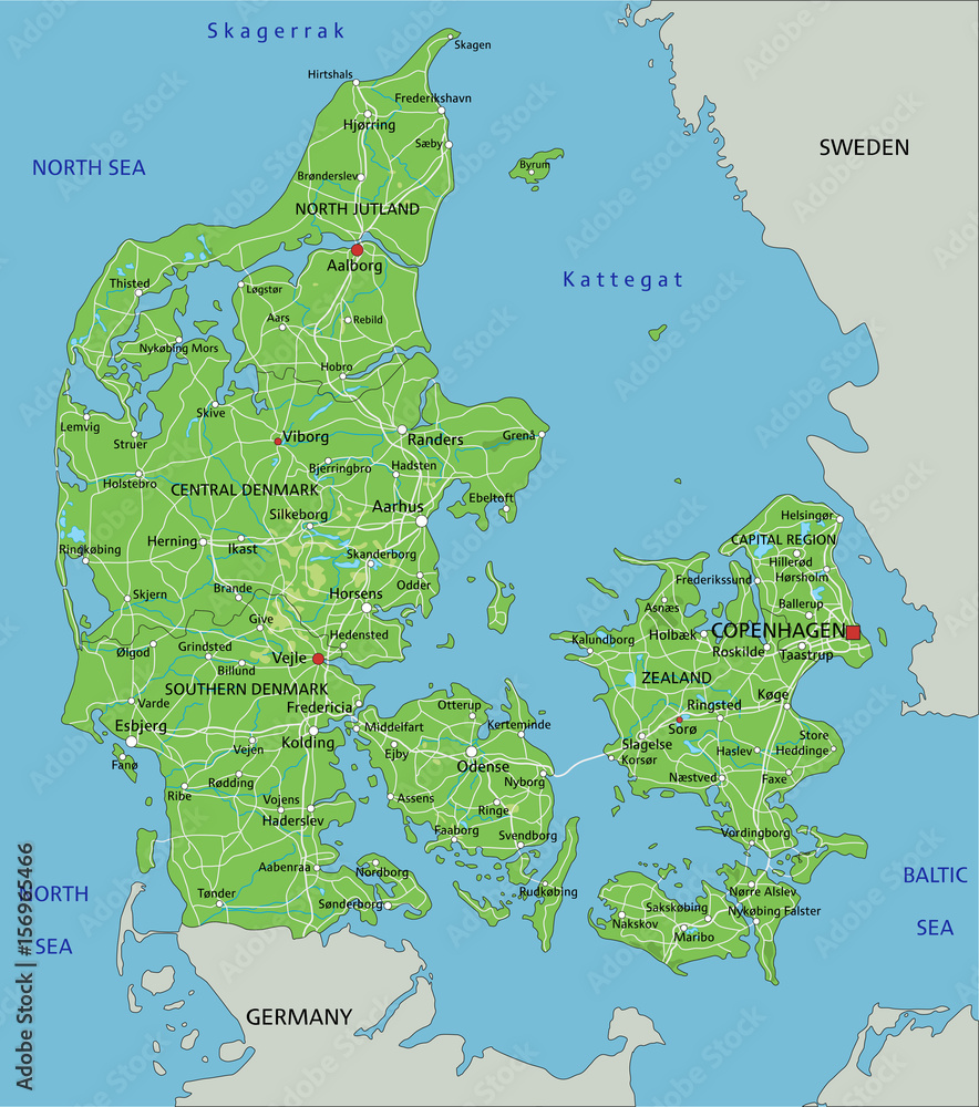 High detailed Denmark physical map with labeling. Stock Vector | Adobe ...