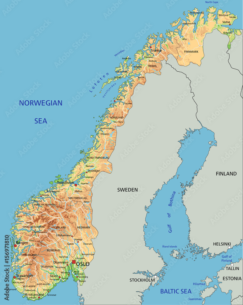 High detailed Norway physical map with labeling. Stock Vector | Adobe Stock