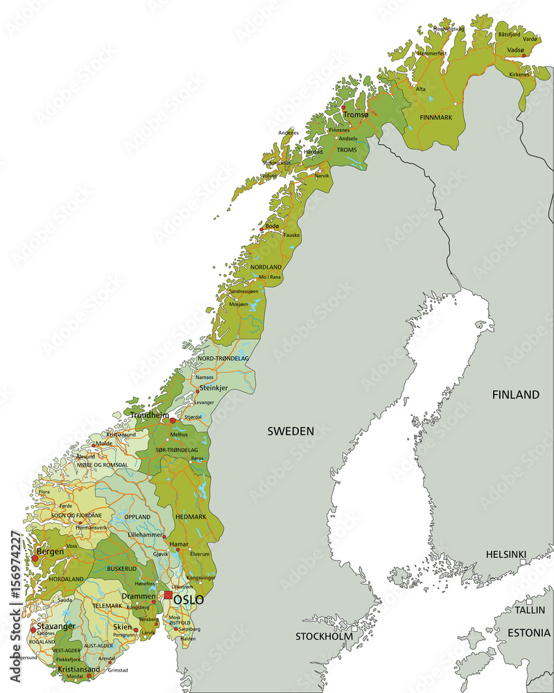 Highly detailed editable political map with separated layers. Norway ...