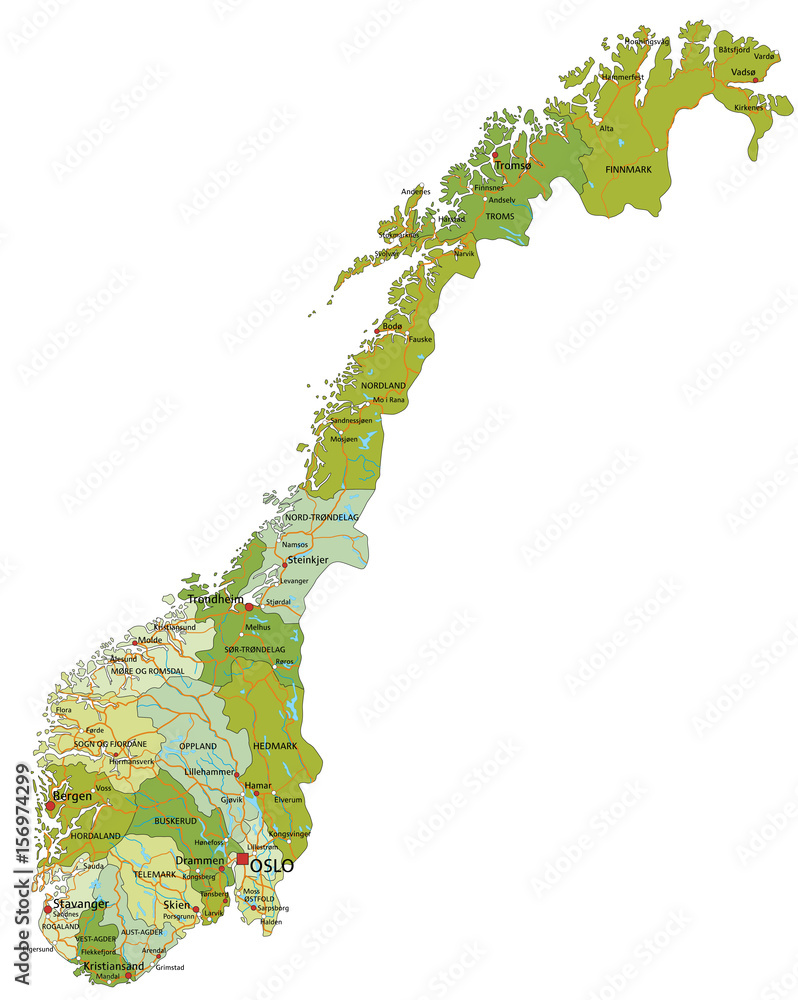 Highly detailed editable political map with separated layers. Norway ...