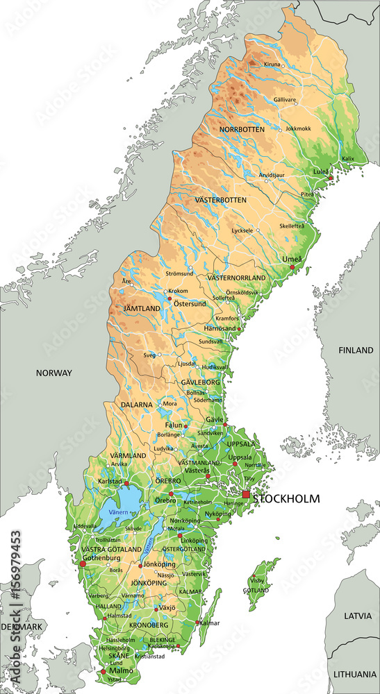 High detailed Sweden physical map with labeling. Stock Vector | Adobe Stock
