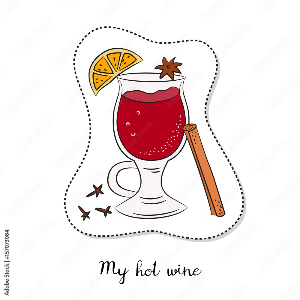 Cartoon sticker with mulled wine on white background. Stock Vector ...