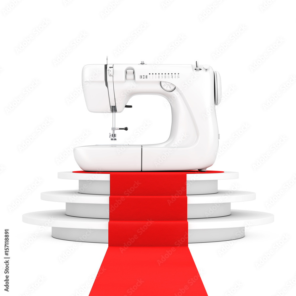 Modern White Sewing Machine over Round White Pedestal with Steps and a ...