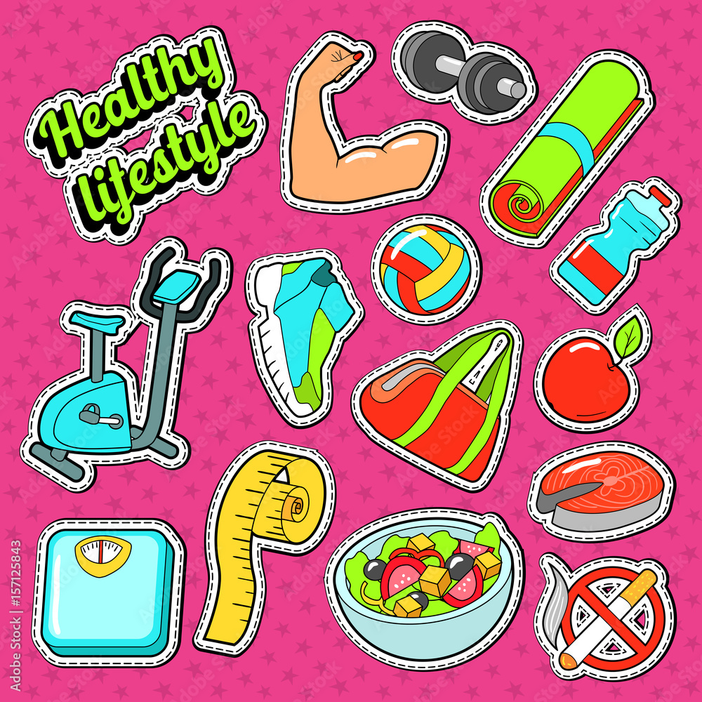 Woman Healthy Lifestyle Doodle with Sport Elements and Diet Food ...