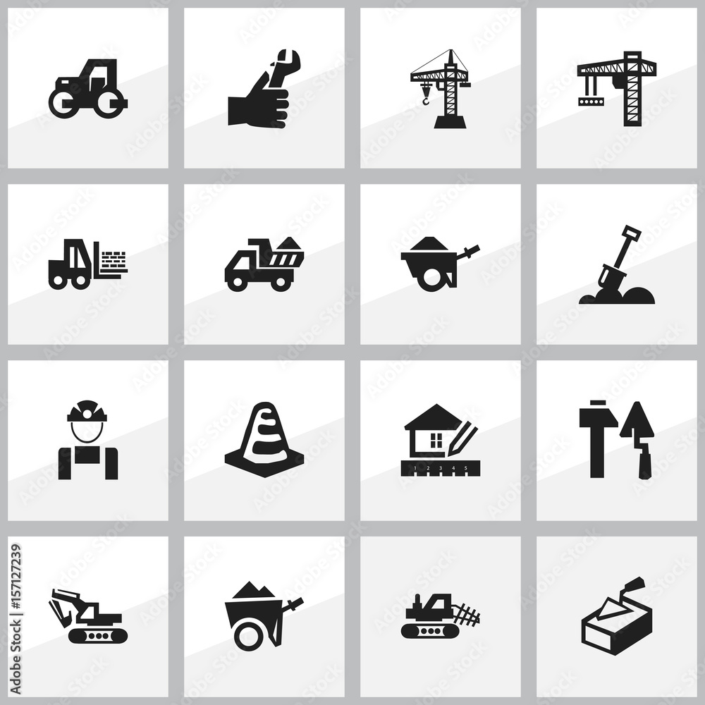 Set Of 16 Editable Building Icons. Includes Symbols Such As Lifting ...