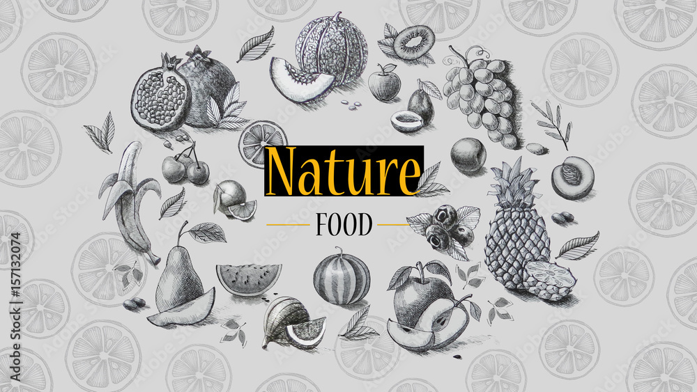 Organic food. Fresh fruits. Pencil drawing. Stock Illustration | Adobe ...
