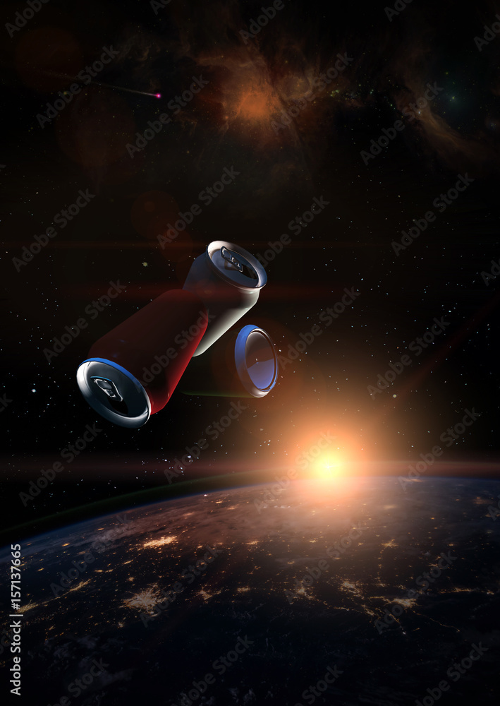 Garbage in space concept. Soda tin cans over the dark planet Earth at ...
