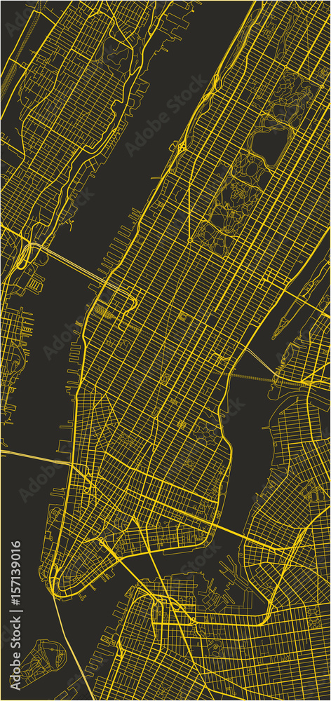 Black and yellow vector city map of New York with well organized ...
