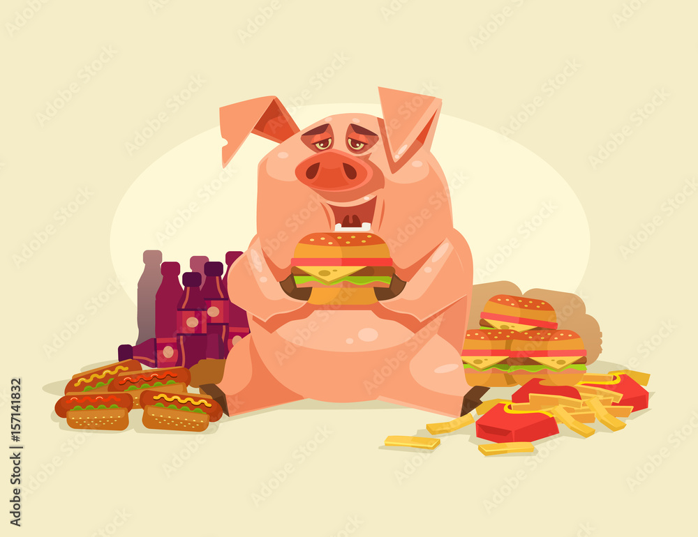 Happy smiling fat pig character eating unhealthy fast food. Obesity ...