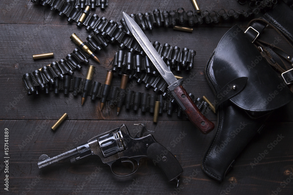 Russian Revolver 1895 year and knife holster cartridge bullets Stock ...