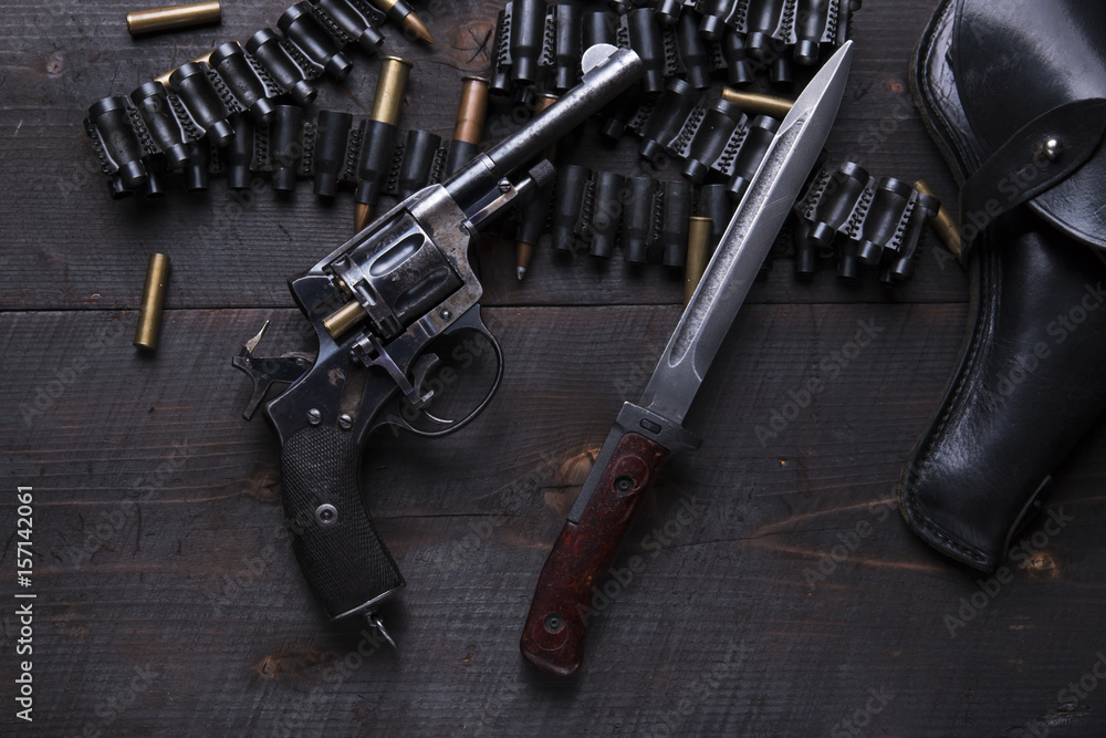 Russian Revolver 1895 year and knife holster cartridge bullets Stock ...