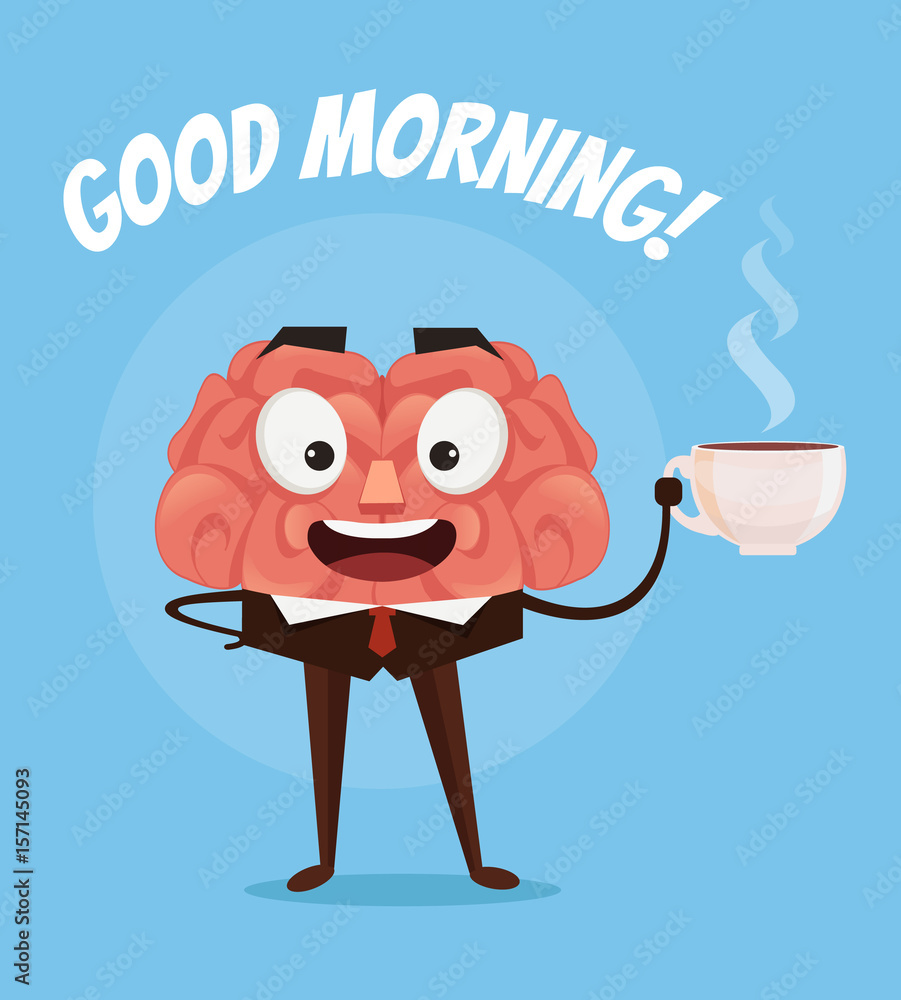 Happy smiling businessman office worker brain character dink fresh ...