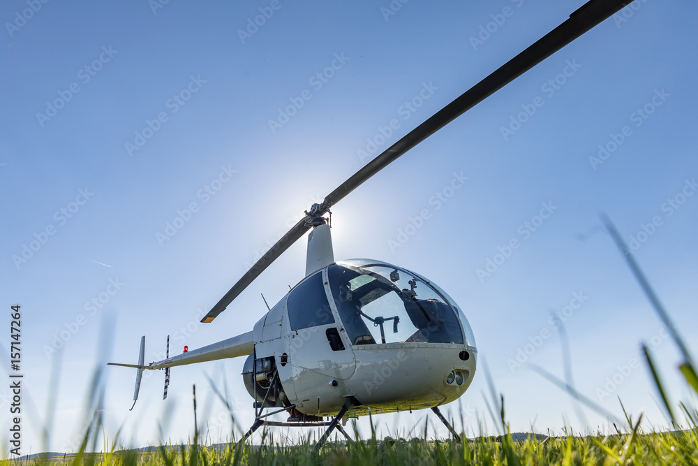 Small Robinson R22 light utility helicopter parked on grass airport ...