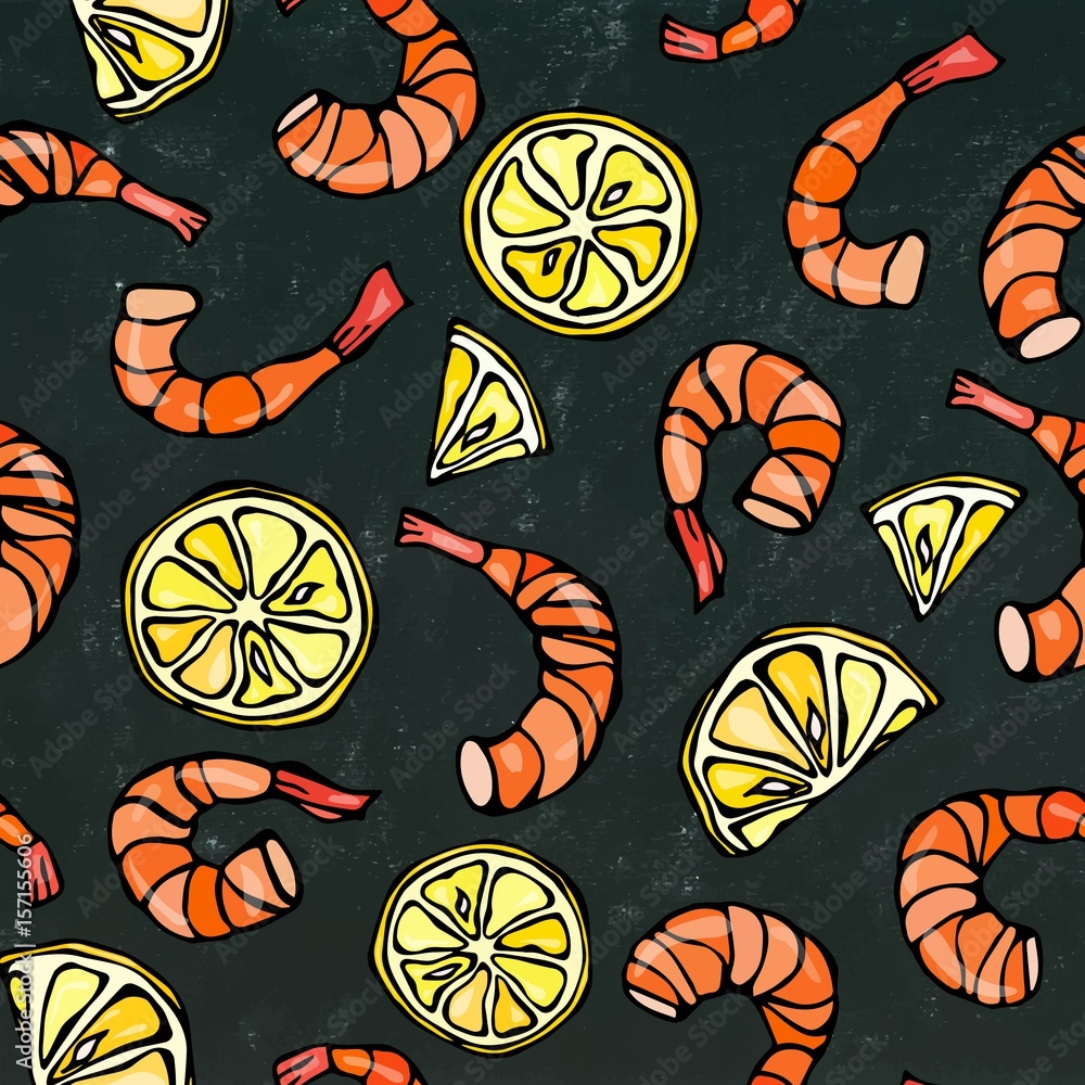 Seafood Seamless Pattern. Shrimp or Prawn and Lemon on Chalkboard ...