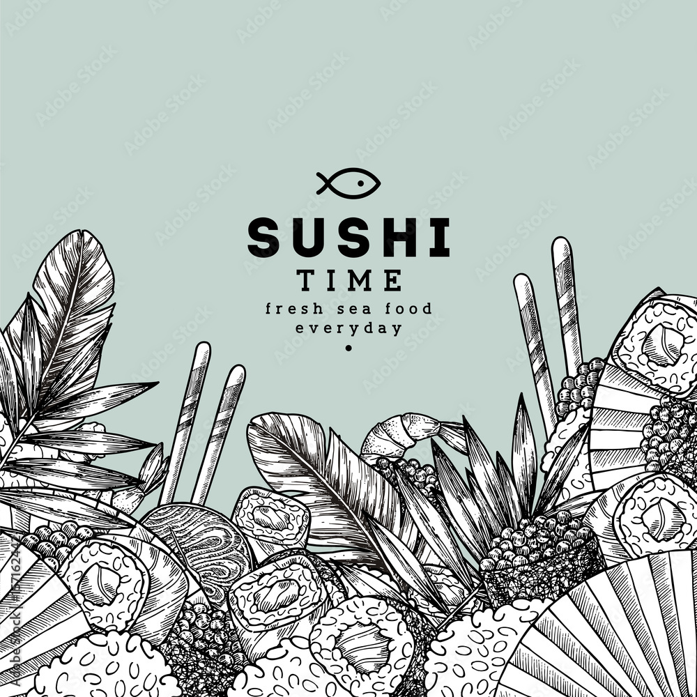 Asian food background. Sushi restaurant menu design template. Vector ...