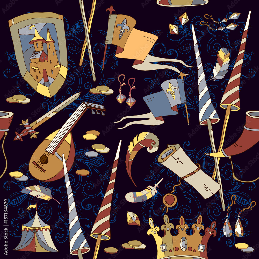 Medieval seamless pattern, medieval sword, crown, heraldic knight ...