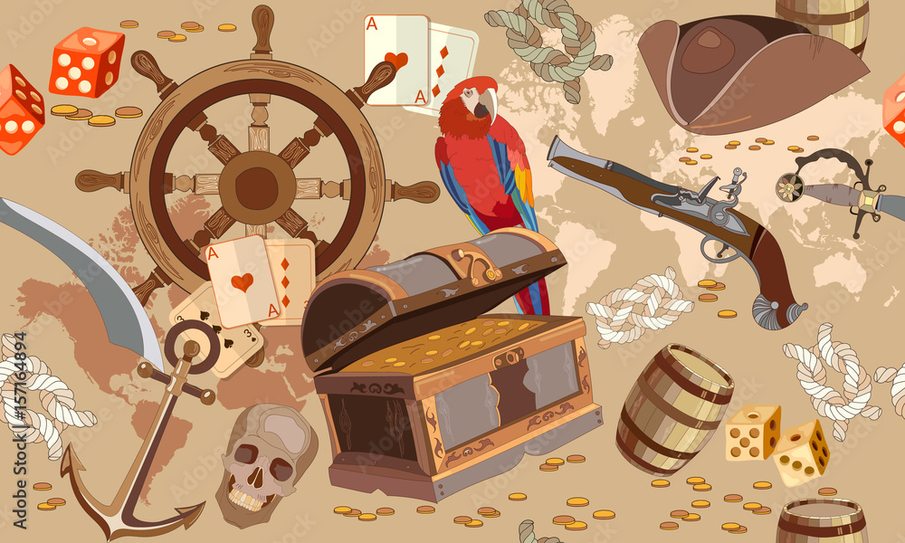 Old pirate treasure map seamless pattern. Treasure chest, parrot ...