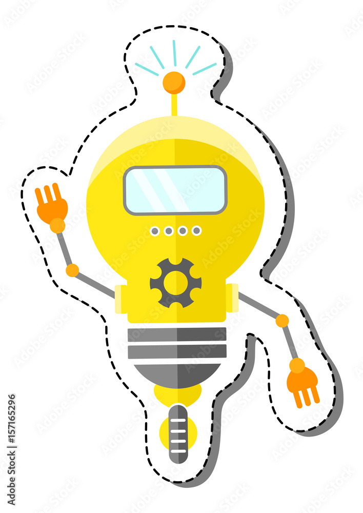 Yellow Cartoon Robot Character In Lightbulb Form On Wheel. Isolated ...