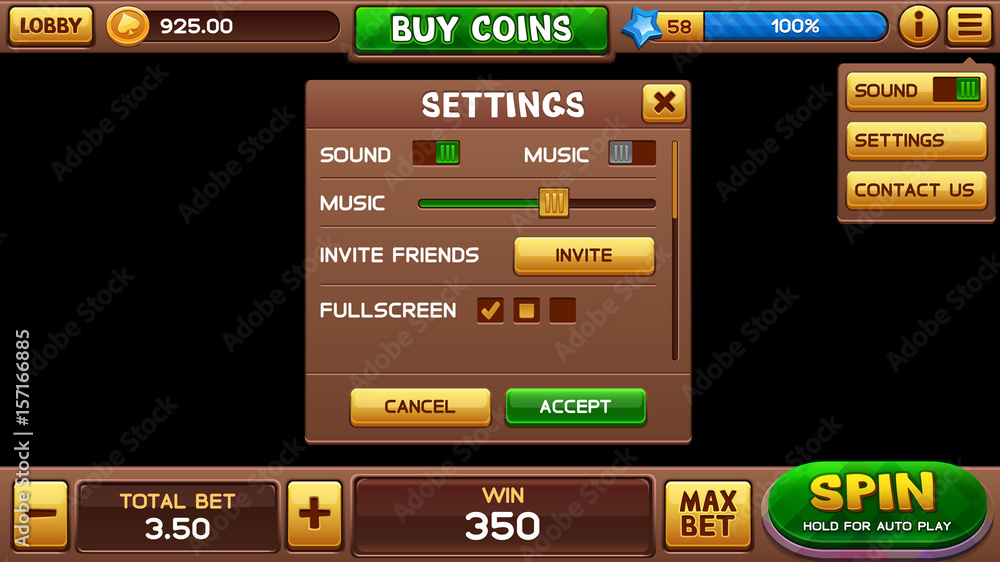 Settings screen for slot game. Vector illustration Stock Vector | Adobe ...