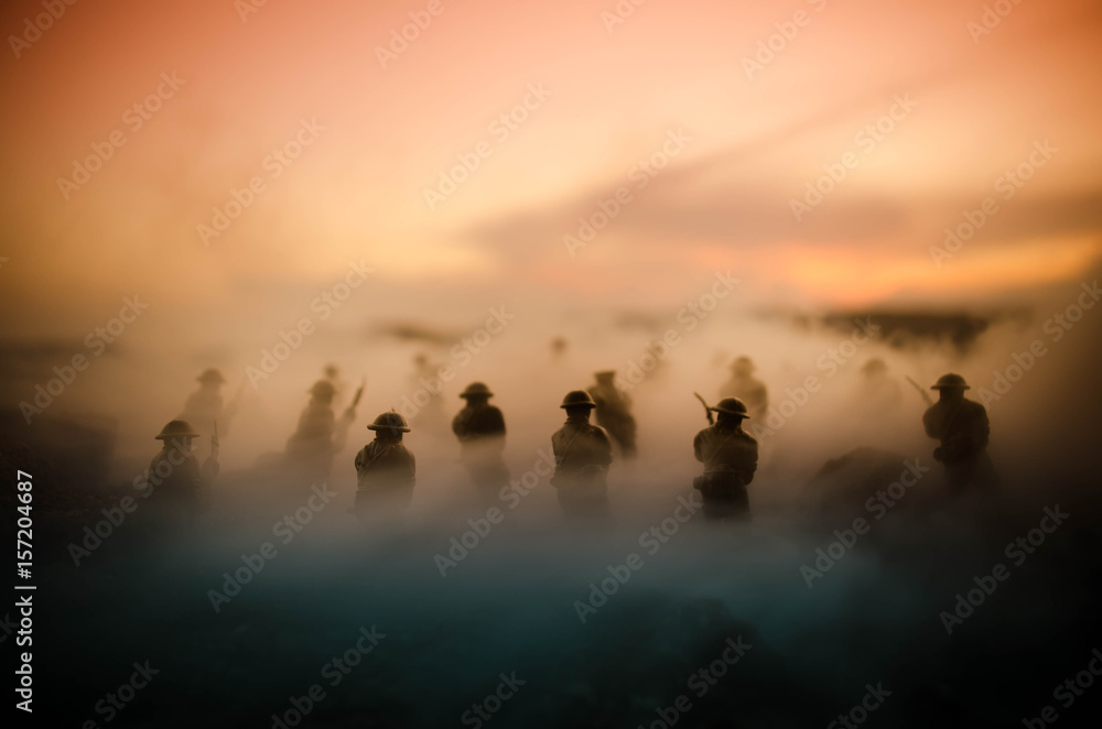 War Concept. Military silhouettes fighting scene on war fog sky ...