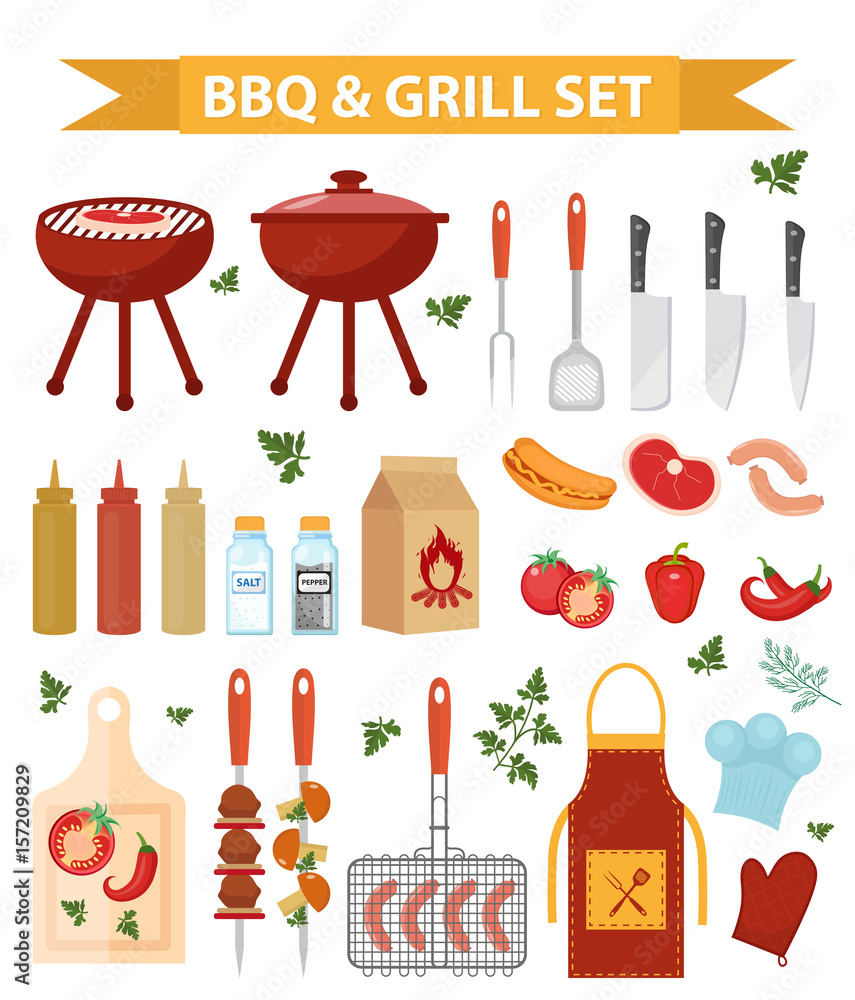 Barbecue and grill icons set, flat or cartoon style. BBQ collection of ...
