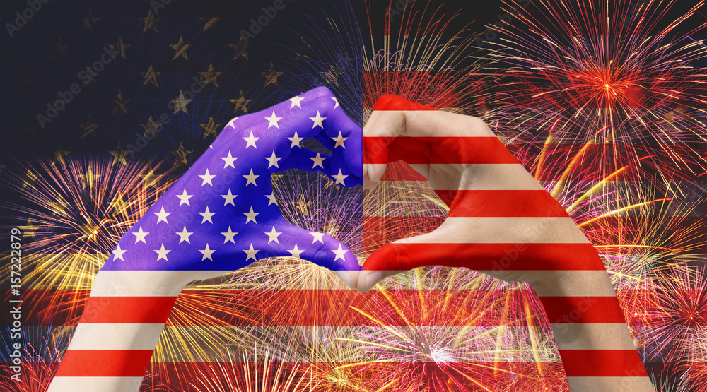 hands forming be heart for love with USA National flag over the ...