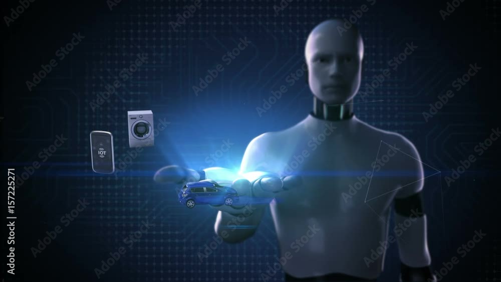 Robot, cyborg open palm, Digital brain connecting smart home devices ...