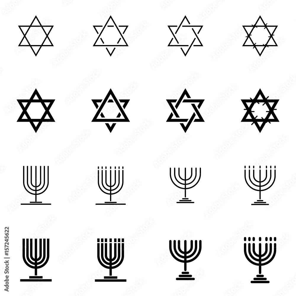 Set of various Star of David and menorah outline vector icons. Stock ...